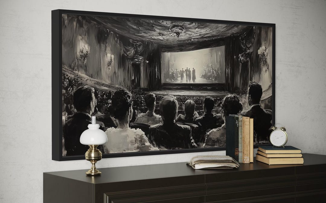 Home Theater Decor, Black White Antique Cinema Painting Canvas Print ...
