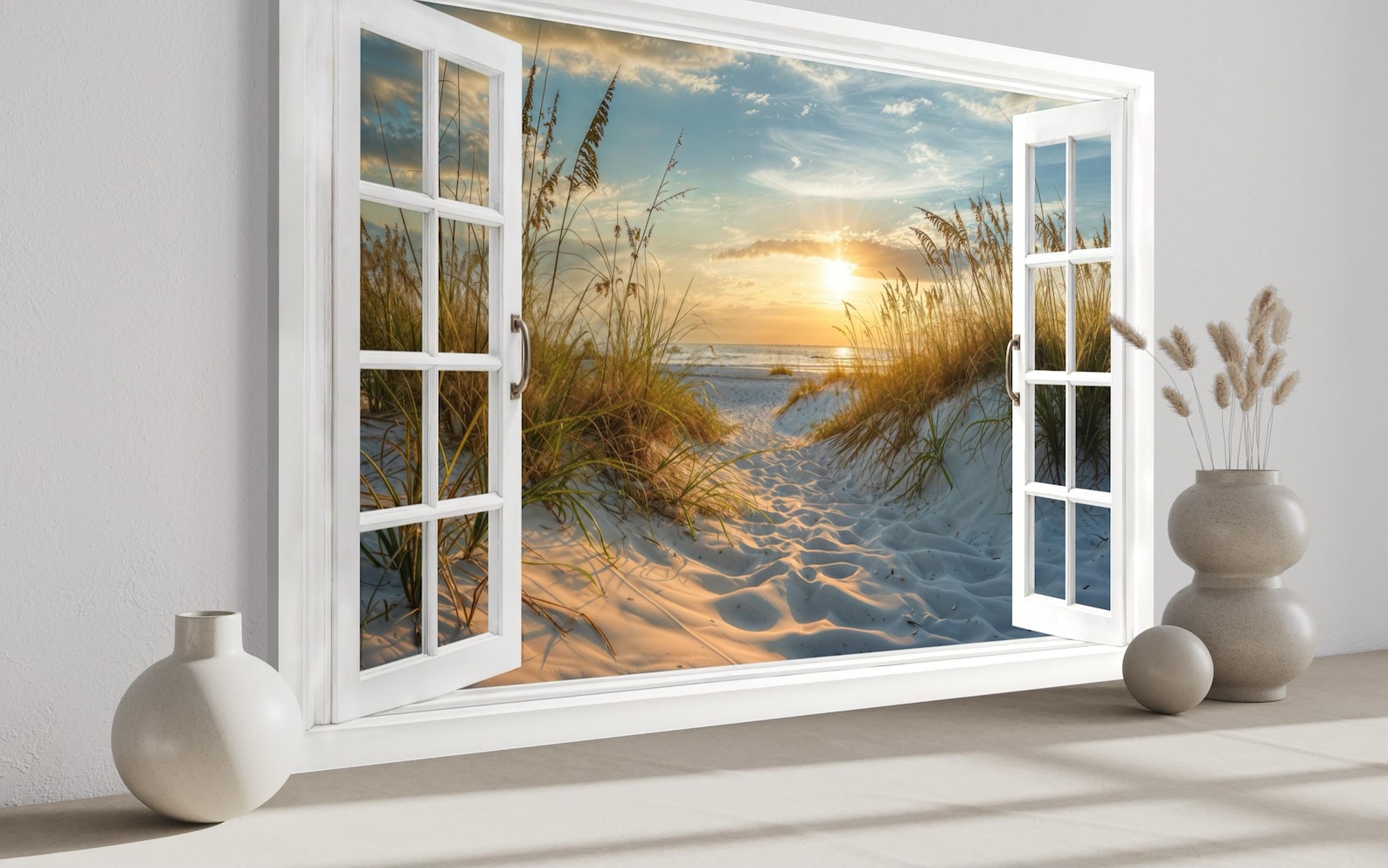 Fake Open Window View Beach Sunset Canvas Wall Art – Coastal Dunes and ...