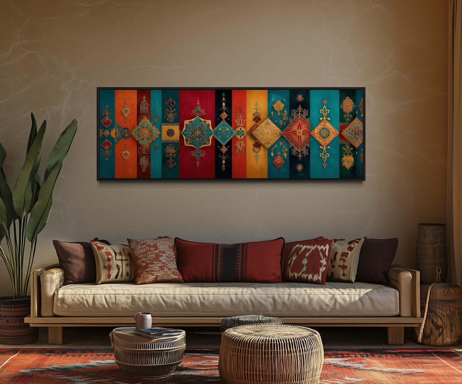 Boho Moroccan Wall Art, Long Horizontal Colorful Geometric Canvas Print ...