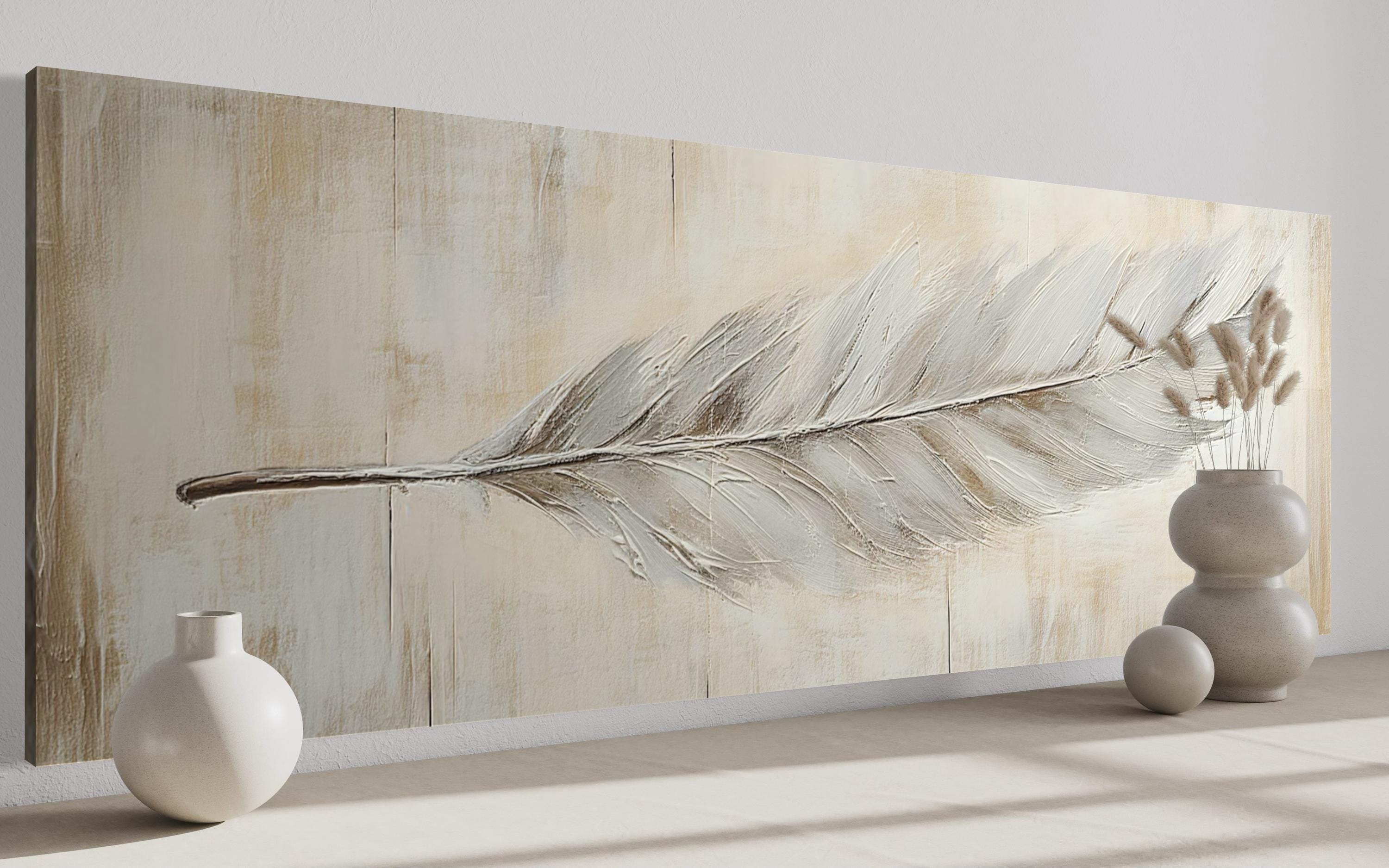 Rustic Horizontal Wall Art, Above Bed Decor White Feather Painting on ...