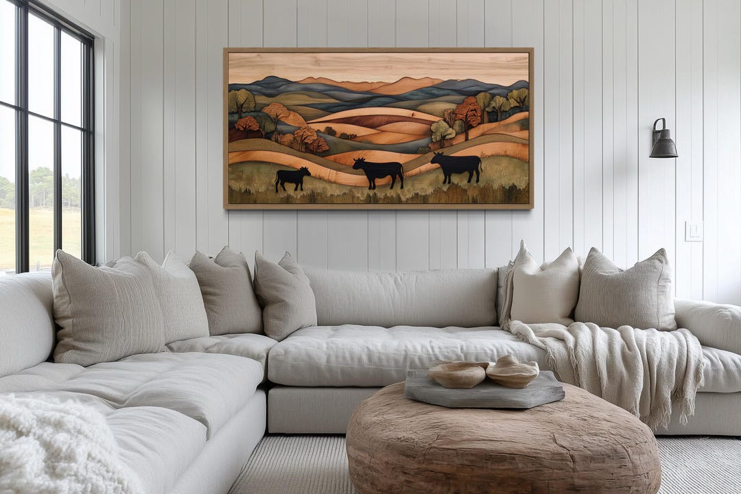 Rustic Distressed Farm Wall Art - Pastoral Landscape With Cows Wood ...