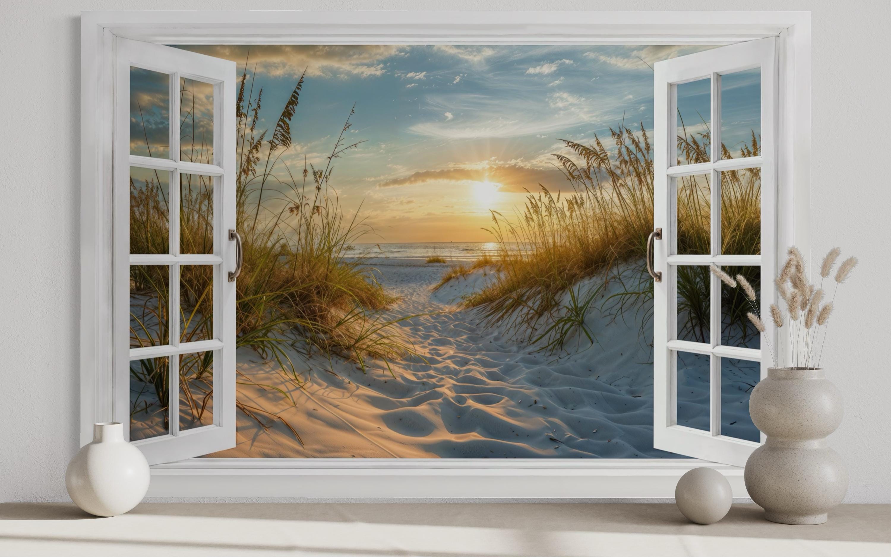 Fake Open Window View Beach Sunset Canvas Wall Art – Coastal Dunes and ...