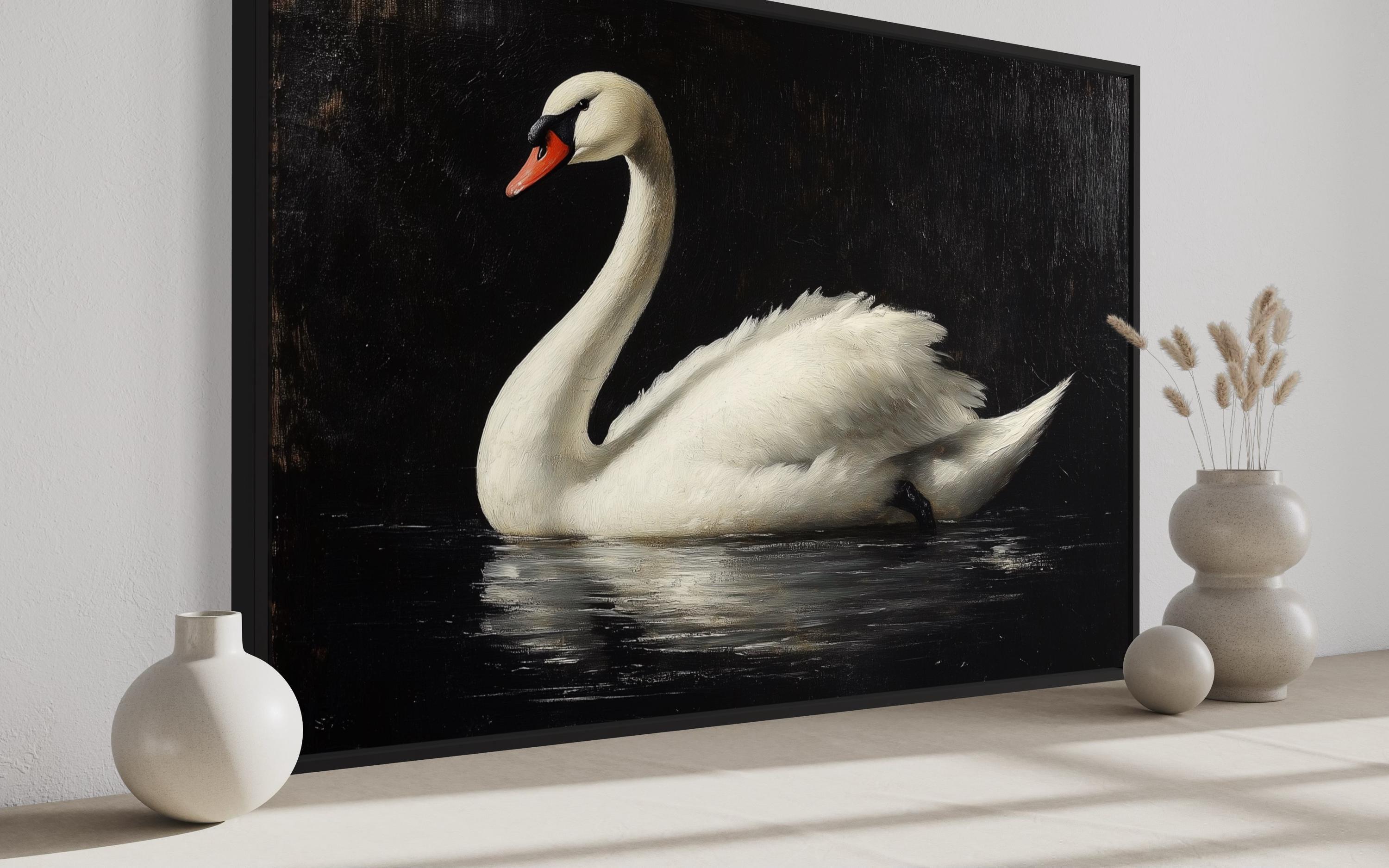 Antique White Swan on Black Background Painting Canvas Print ...