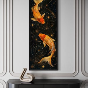 Tall Narrow Vertical Gold Fish on Black Painting Canvas PRINT, Slim ...