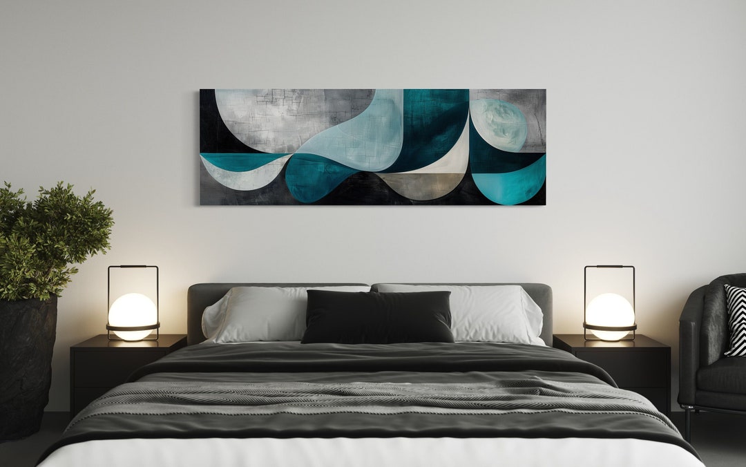Long Horizontal Wall Art Modern Abstract Geometric Teal Blue Grey ...