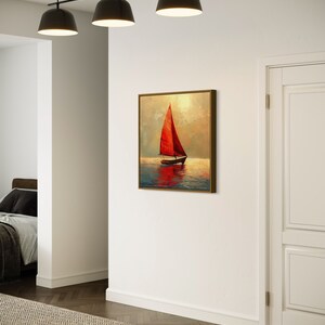 Gold Red Wall Art, Boat With Red Sails in Golden Sunset Ocean Abstract ...