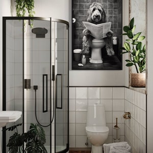 Labradoodle Dog on the Toilet Reading Newspaper, Funny Bathroom Art ...