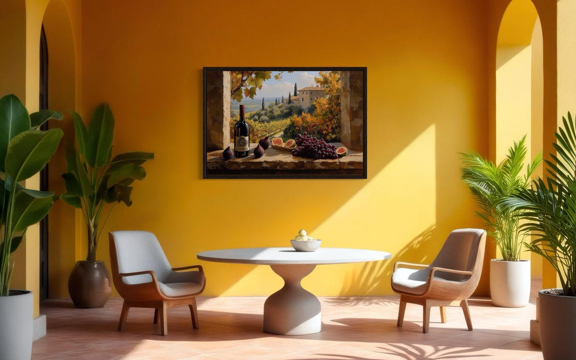 Tuscany Vineyard Window View Wall Art, Wine Bottle and Grapes Painting ...