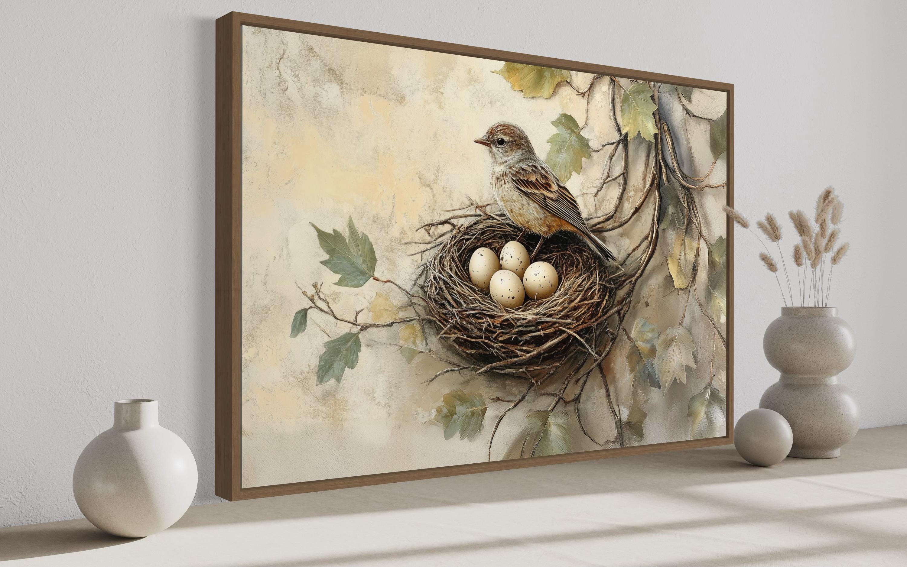 Bird Nest With A Little Bird and Eggs Wall Art, Rustic Farmhouse Decor ...