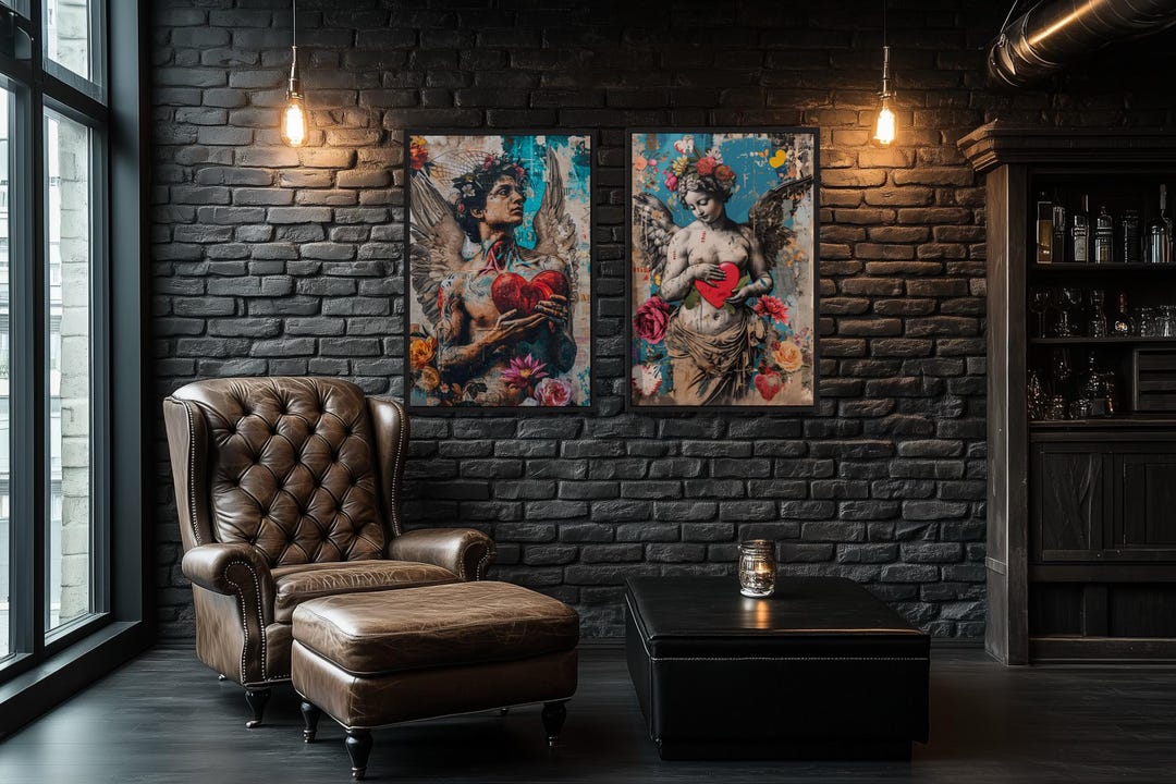 Urban Street Art Style Angels Holding Hearts, Edgy Graffiti Romantic ...