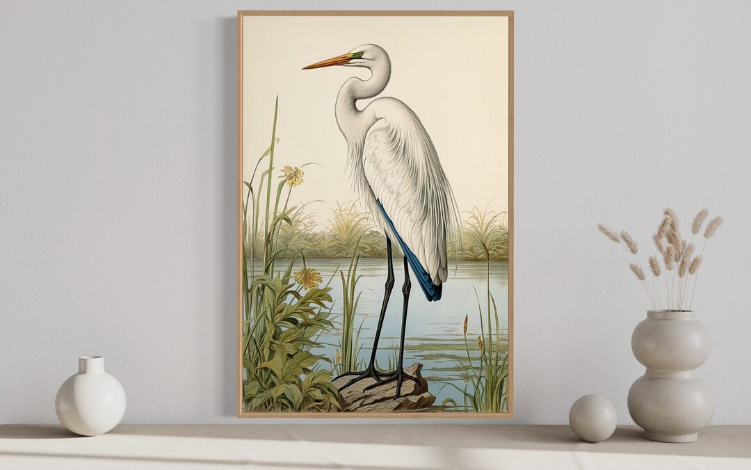 Retro Great Egret Painting Art PRINT, Coastal Water Birds Art, Lake ...