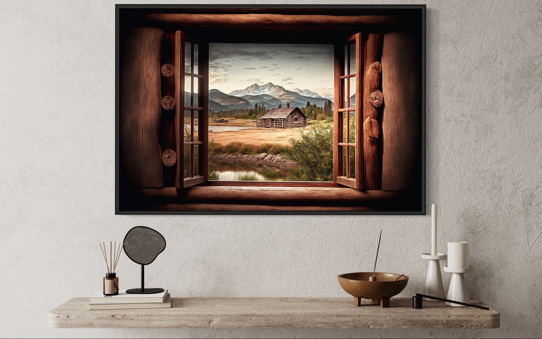 Cabin Wall Art Mountain Cabin Seen Through Open Window Painting Canvas ...