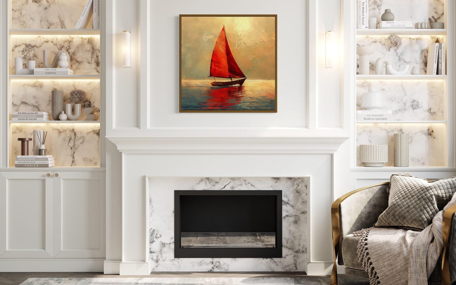 Gold Red Wall Art, Boat With Red Sails in Golden Sunset Ocean Abstract ...