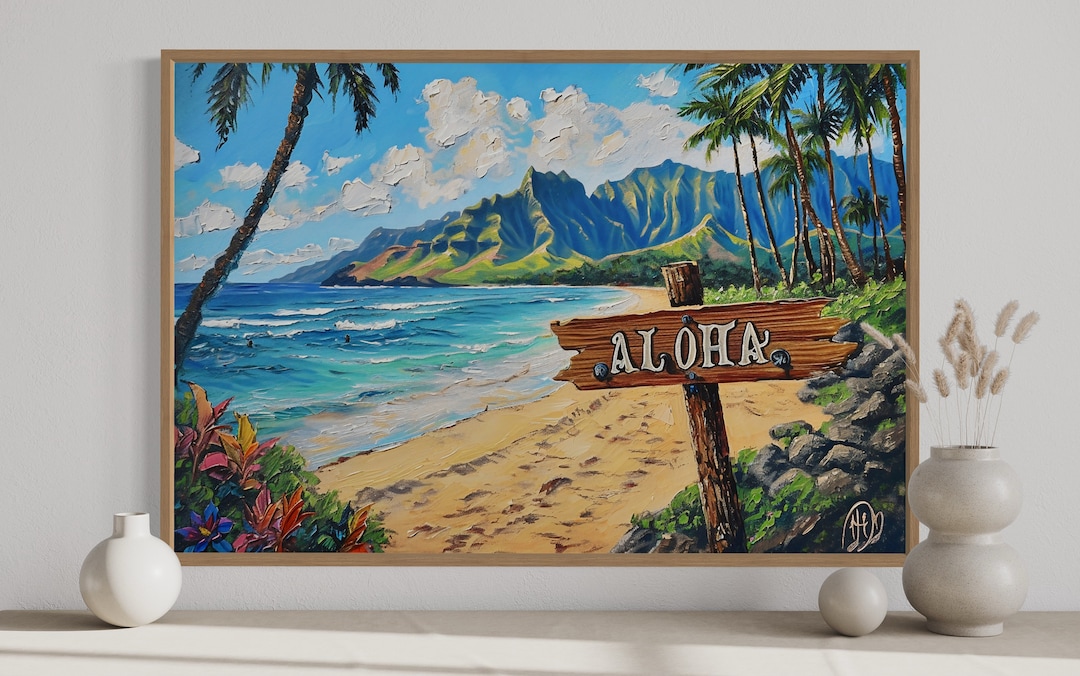 Hawaii Wall Art - Oahu Beach Landscape With Aloha Sign Painting Canvas ...