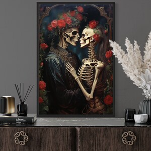 Romantic Gothic Wall Art, Skeleton Lovers in Flowers Painting Canvas or ...