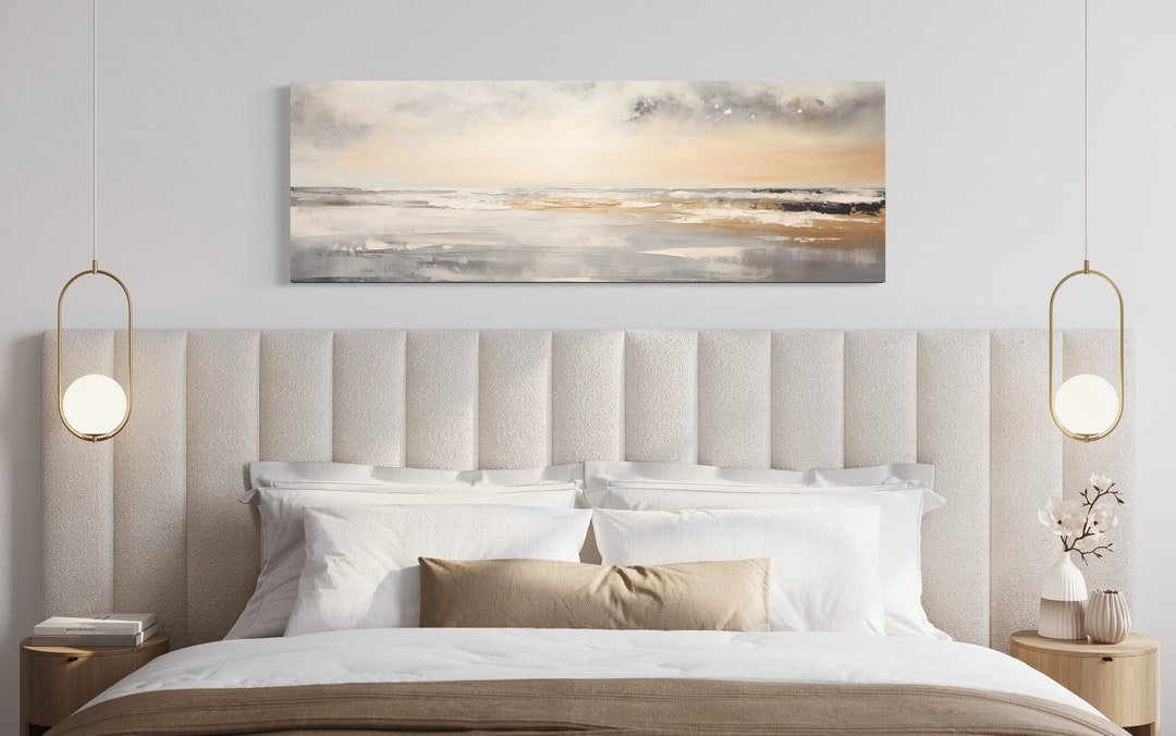 Over Bed Wall Art Gold and Silver Abstract Beach Sunset Minimalist ...