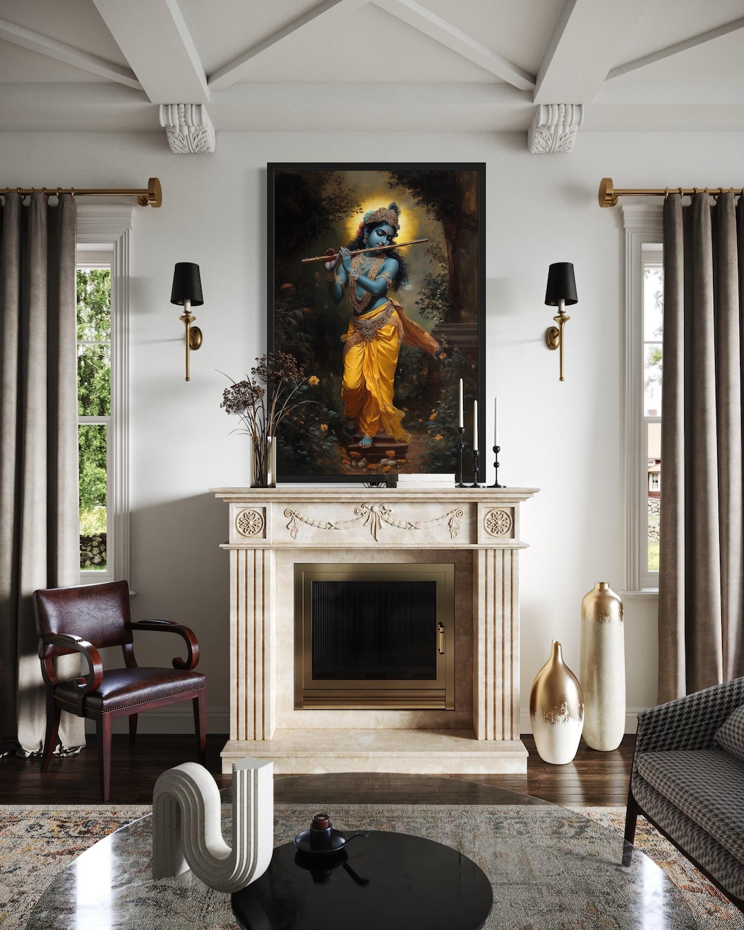 Lord Krishna Playing Flute Wall Art - Krishna in Vrindavan Forest ...