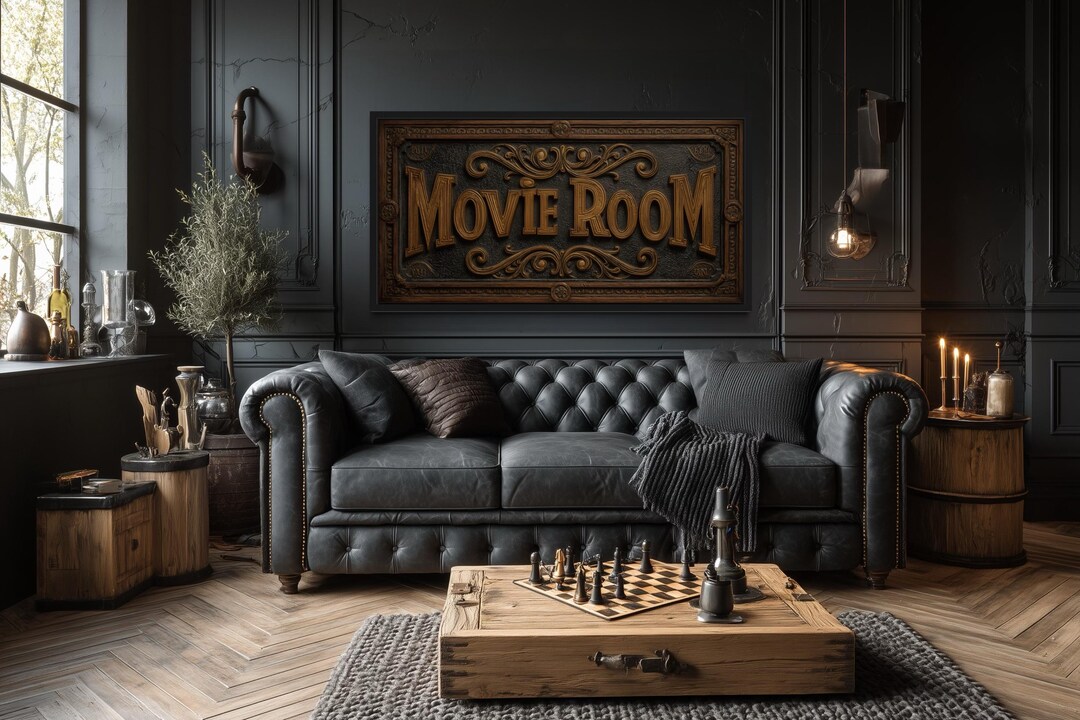 Movie Room Vintage Sign Wall Art – Rustic Brown and Black Retro ...