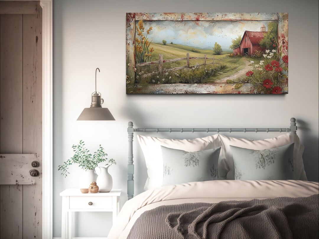 Rustic Farm Wall Art Old Red Barn Field Landscape Painting Canvas PRINT ...