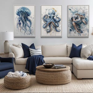 Coastal Wall Art 3 Piece Set Marine Animals, Beach House Decor, Octopus ...