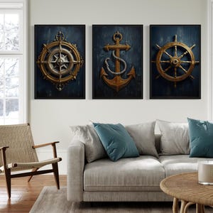 Nautical Wall Art Set of Three Maritime Prints - Navy Blue Gold Coastal ...