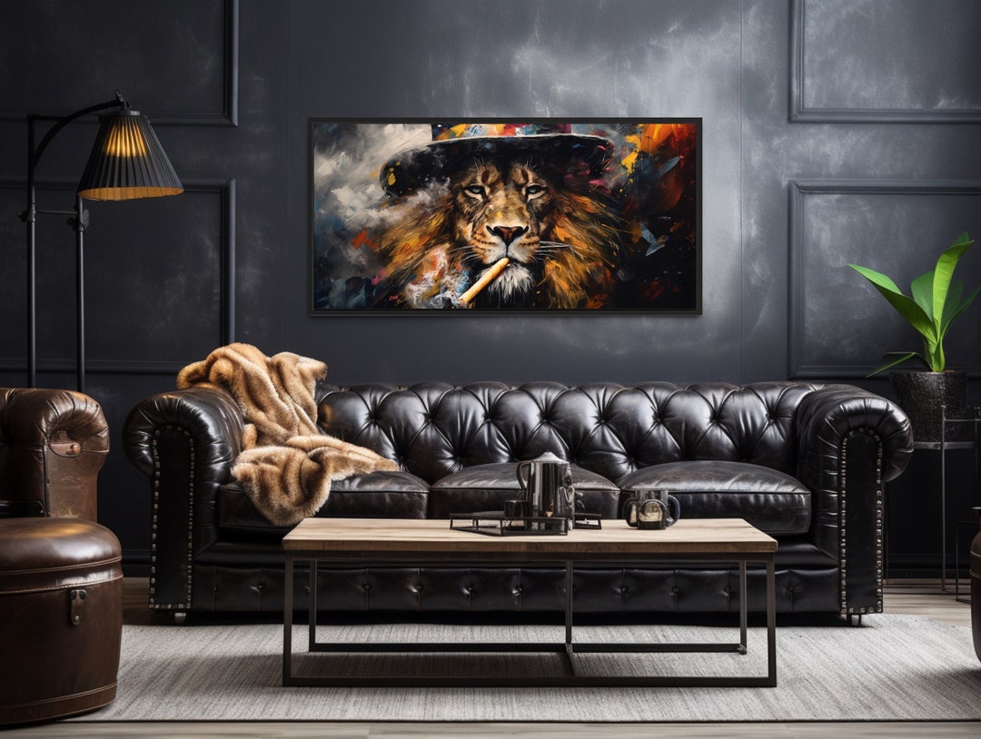Man Cave Wall Art Lion Smoking Cigar Abstract Painting Canvas PRINT ...