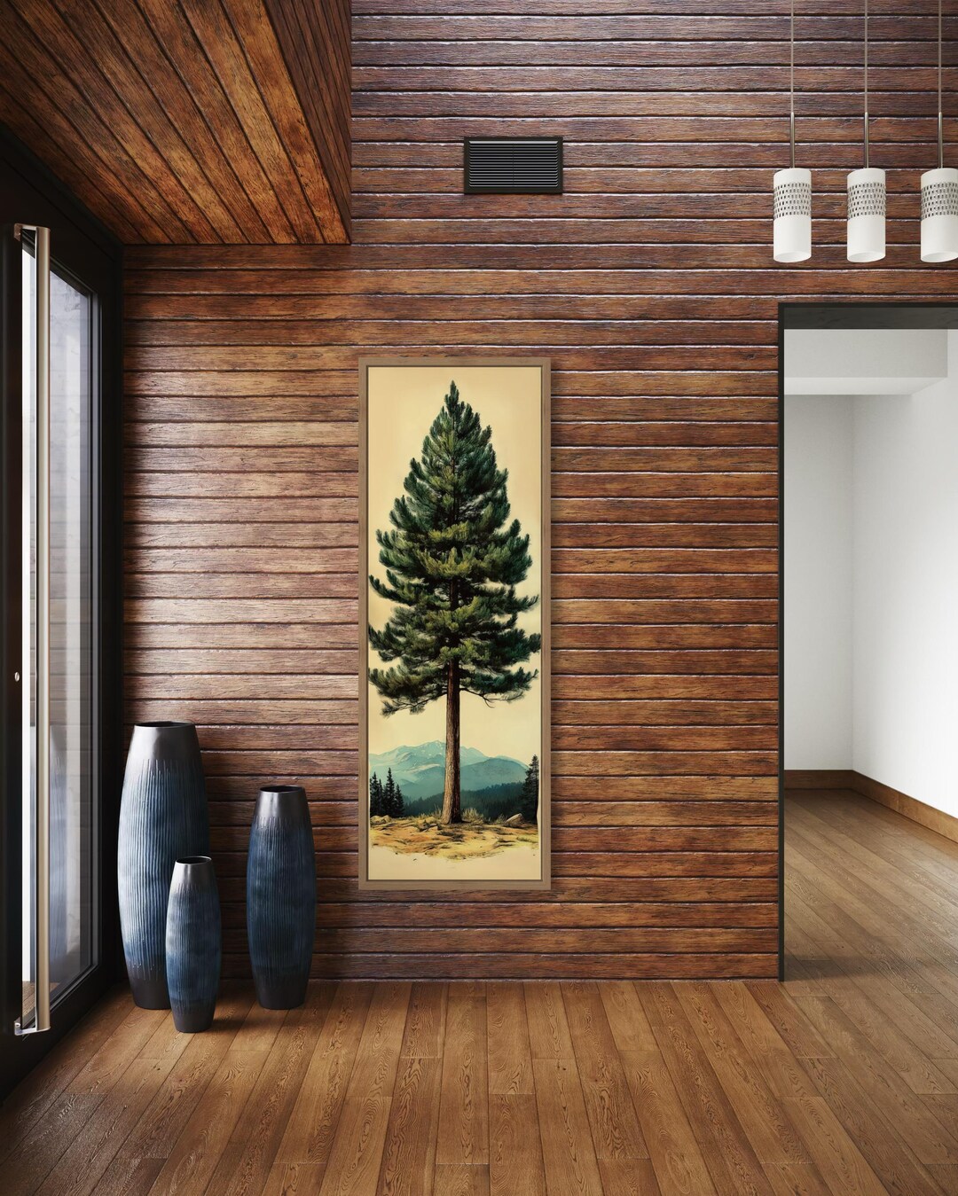 Tall Pine Tree Wall Art Print, Vertical Tree Landscape With Mountain ...