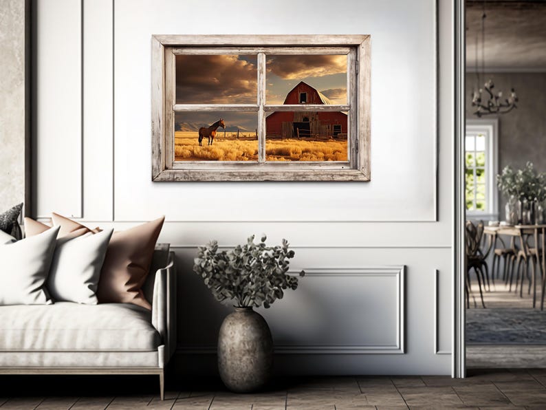 Window View Old Farm and Horse Painting Canvas Print - Fake Window ...