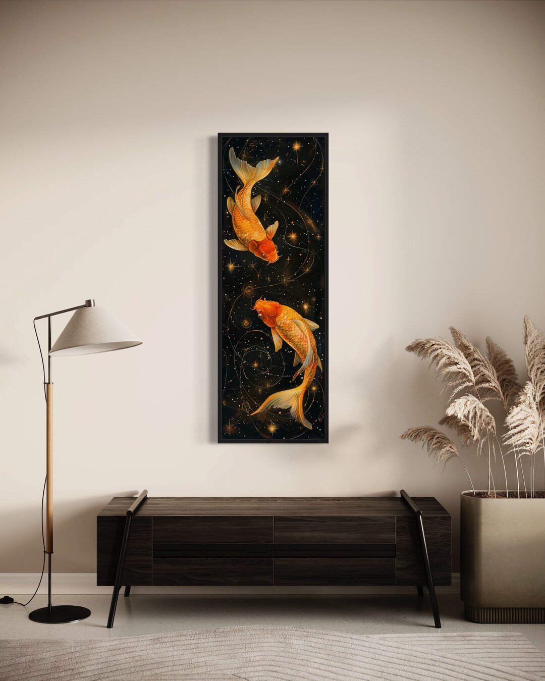 Tall Narrow Vertical Gold Fish on Black Painting Canvas PRINT, Slim ...