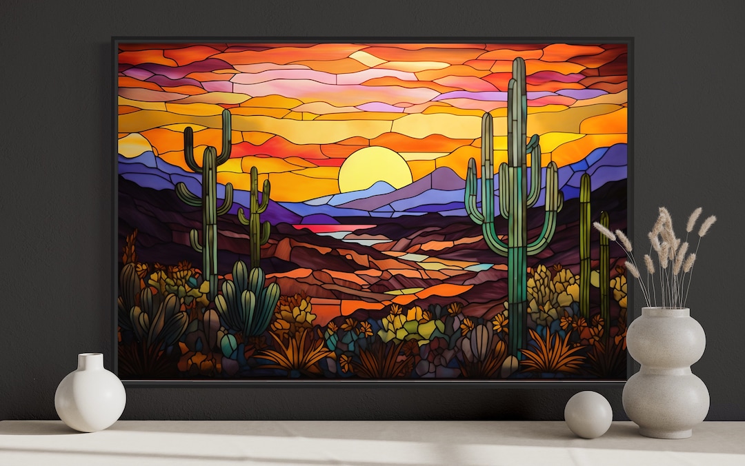 Arizona Desert Wall Art Stained Glass Style Sonoran Desert and Saguaro ...