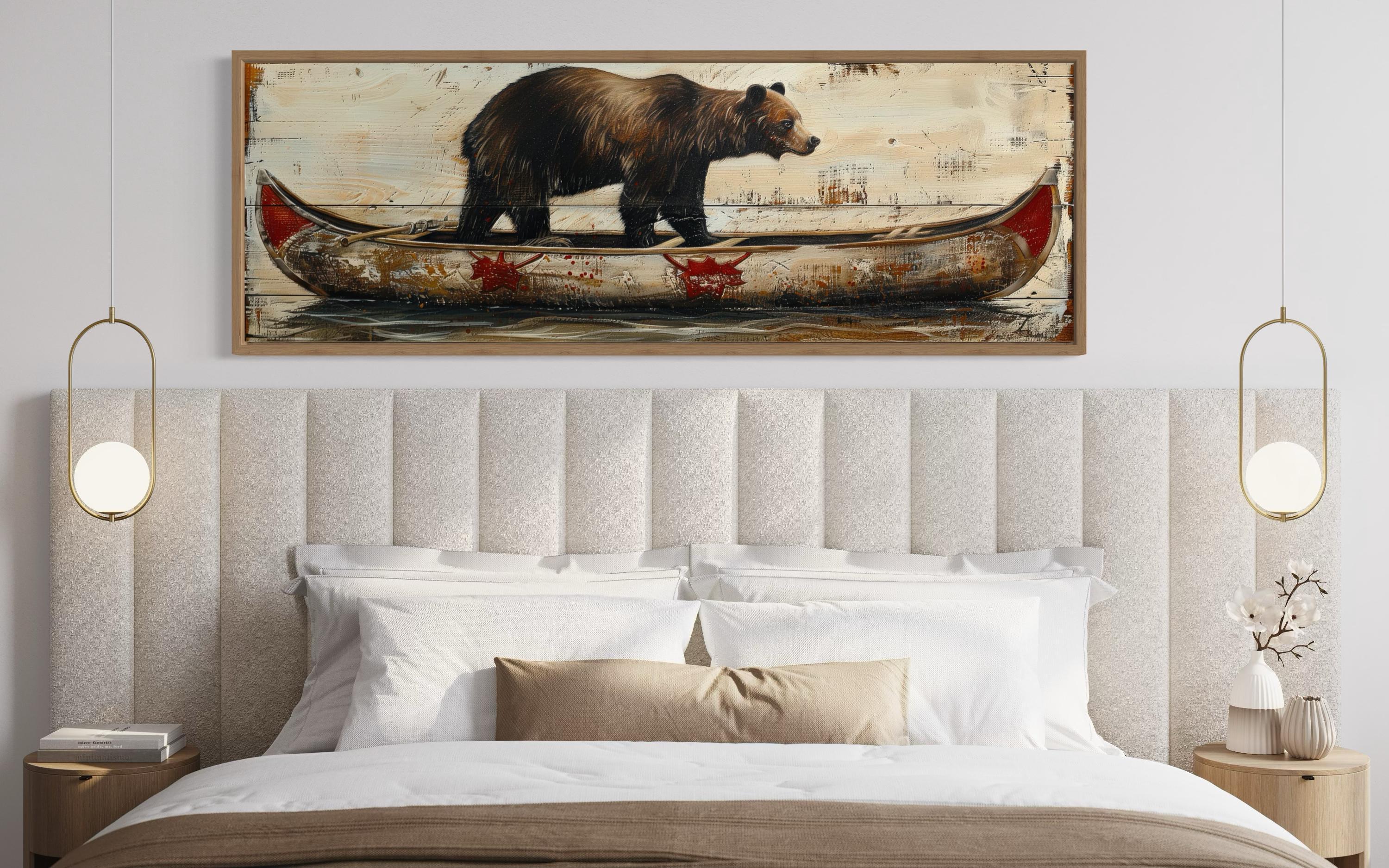 Bear in Canoe Wall Art, Long Horizontal Canvas Print Bear Painted on ...