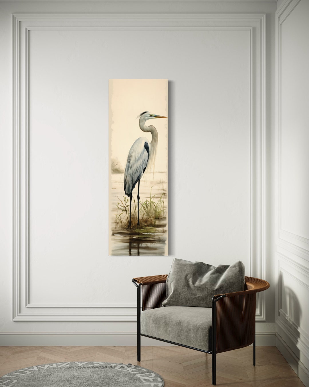 Tall Narrow Great Egret Painting Canvas Print, Long Vertical Neutral ...