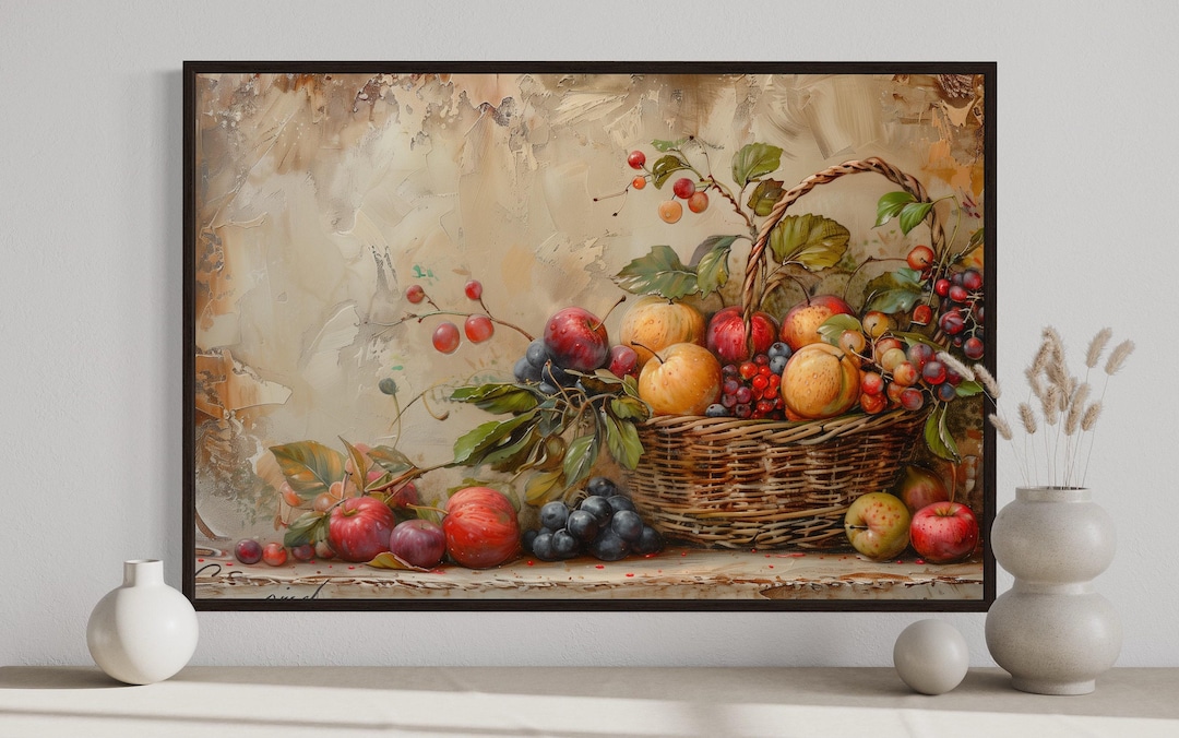 Fruit Basket Painting Canvas PRINT, Rustic Large Farmhouse Kitchen Wall ...