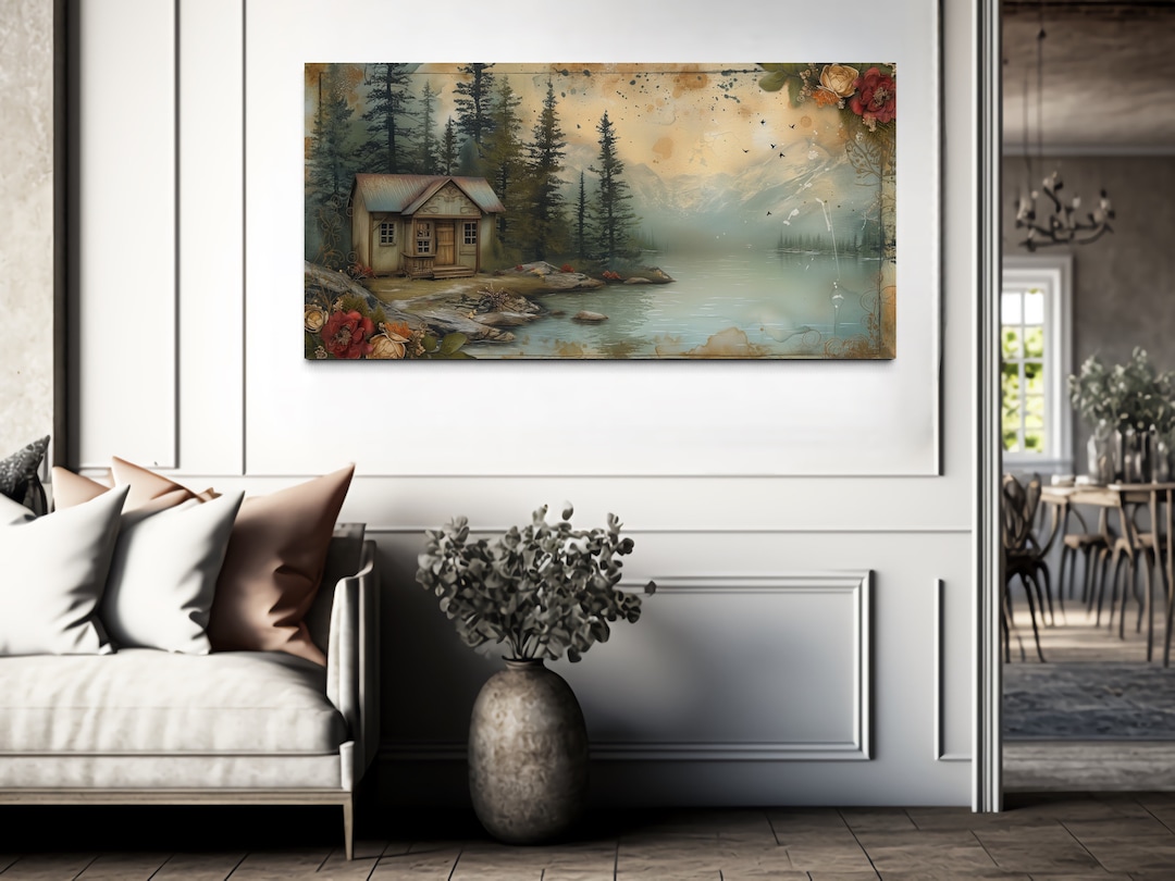 Lake Cabin Wall Art Rustic Cottage by Lake With Fir Tree Forest ...