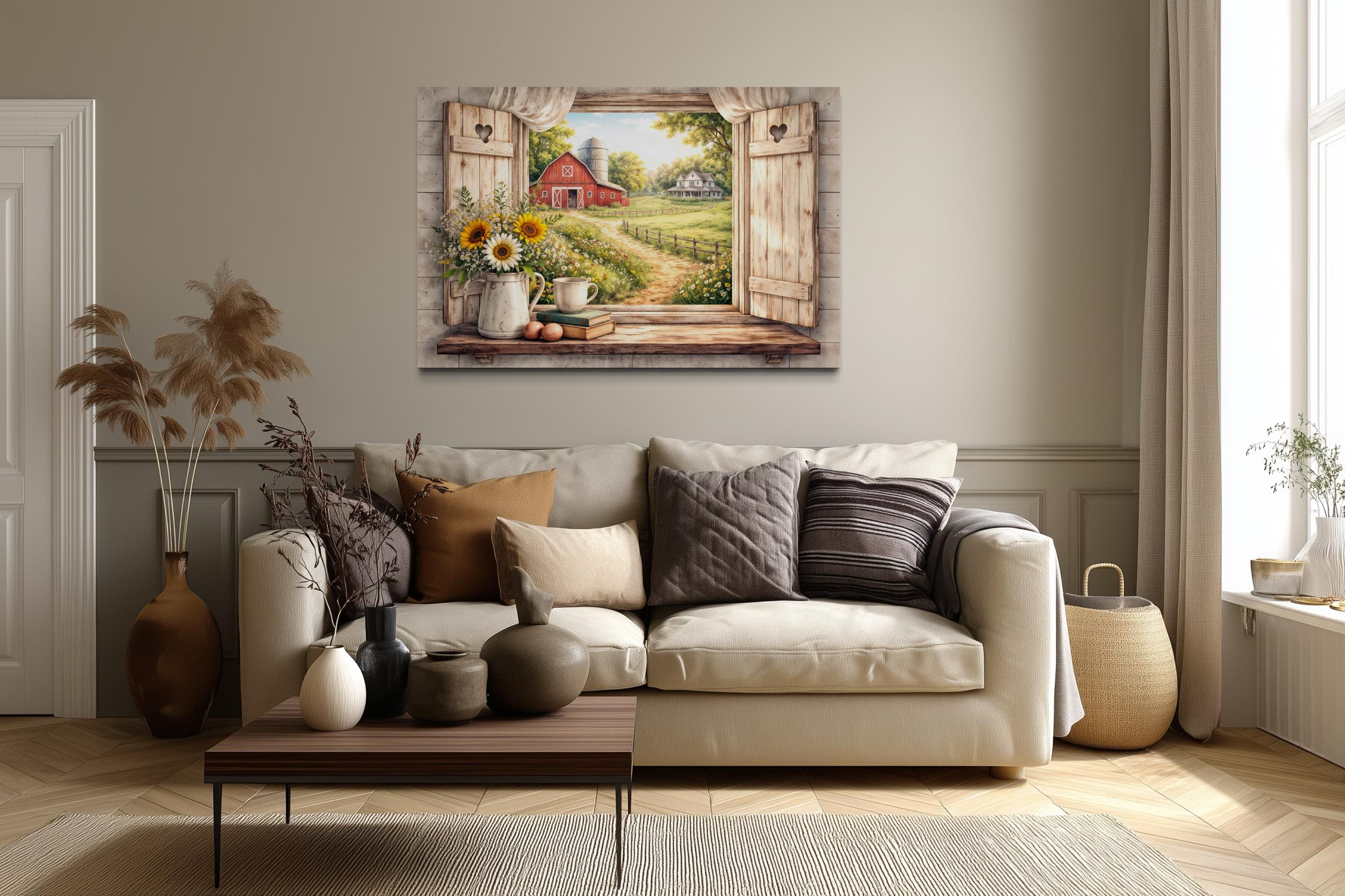 Old Farmhouse Window Wall Art Canvas Print, Cozy Country Barn Landscape ...