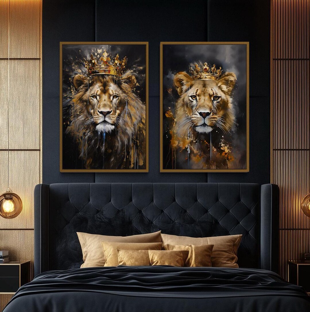 Set of 2 Lion King and Lioness Queen With Crowns Black Gold Painting ...