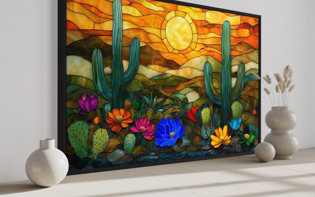 Colorful Desert Wall Art Stained Glass Style Desert Cacti and Blooms ...