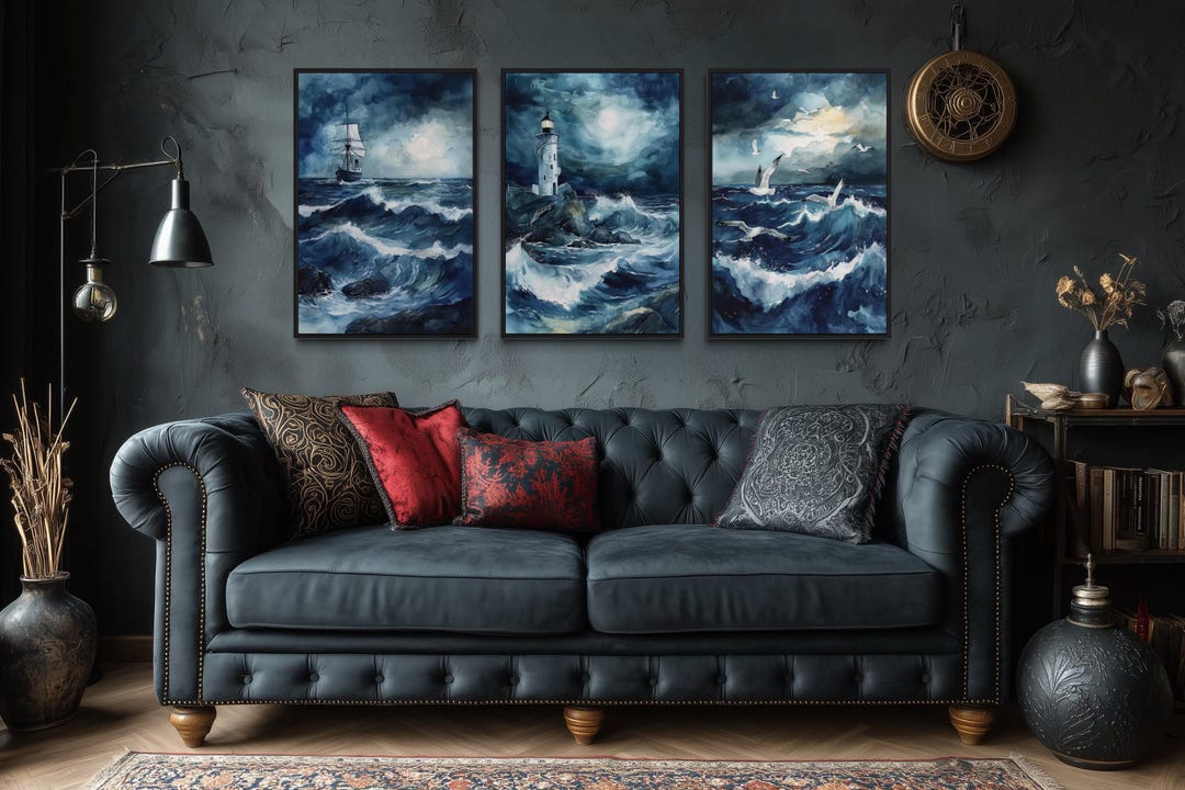 Nautical Wall Art Set of 3 Maritime Prints - Navy Blue Ocean Painting ...
