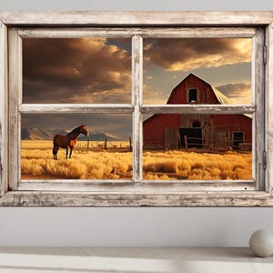 Window View Old Farm and Horse Painting Canvas Print - Fake Window ...