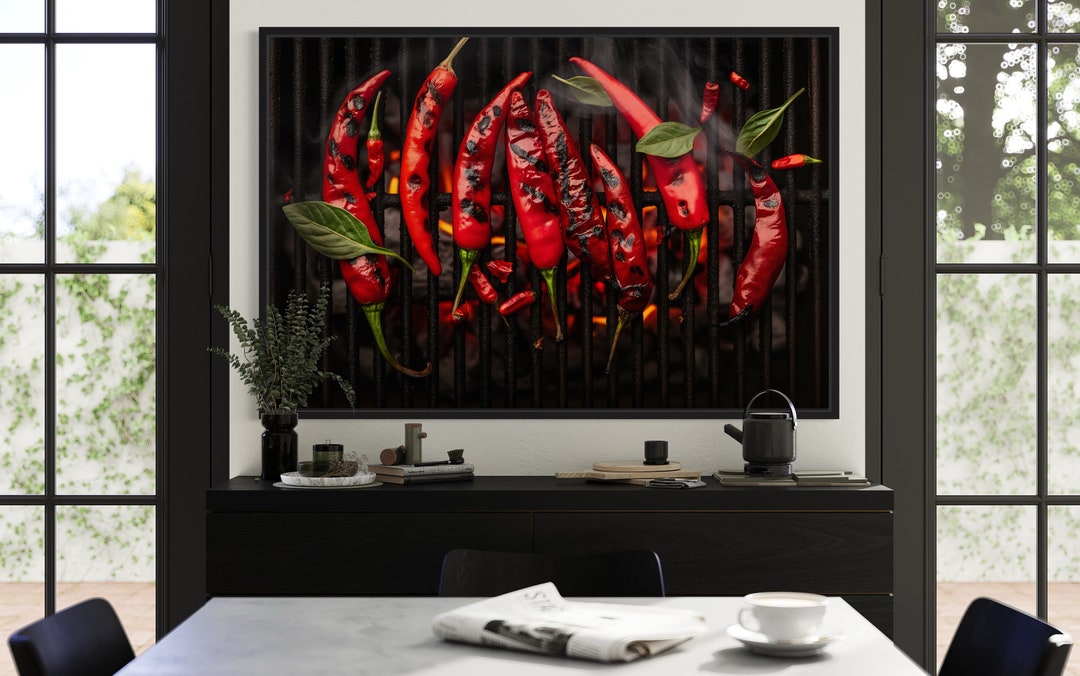 Red Chili Peppers Wall Art, Kitchen Decor, Spicy Peppers on Grill ...