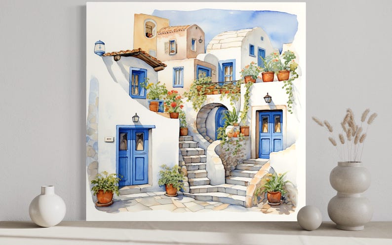 Greek Houses Wall Art, Santorini Greece Watercolor Painting Canvas ...