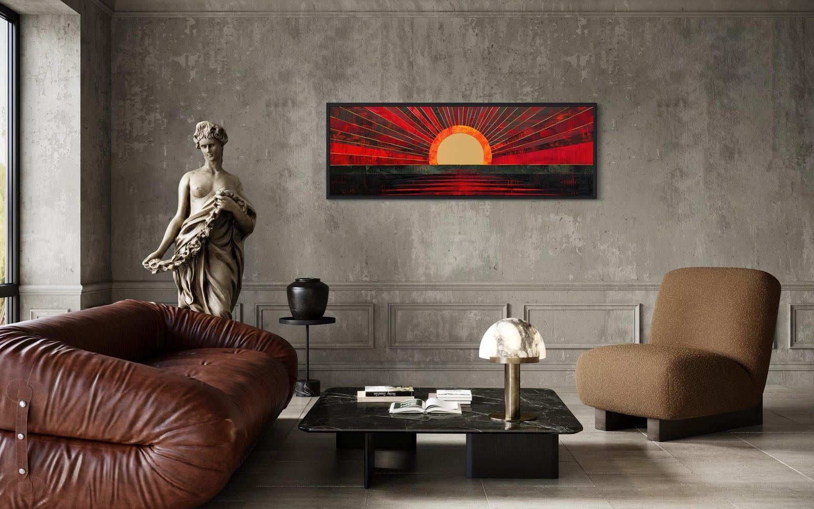 Mid Century Modern Black Red Sun Wall Art, Abstract Sun Panoramic ...