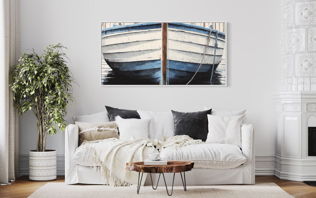Blue White Rustic Boat Painting Canvas PRINT, Beach House Wall Art ...