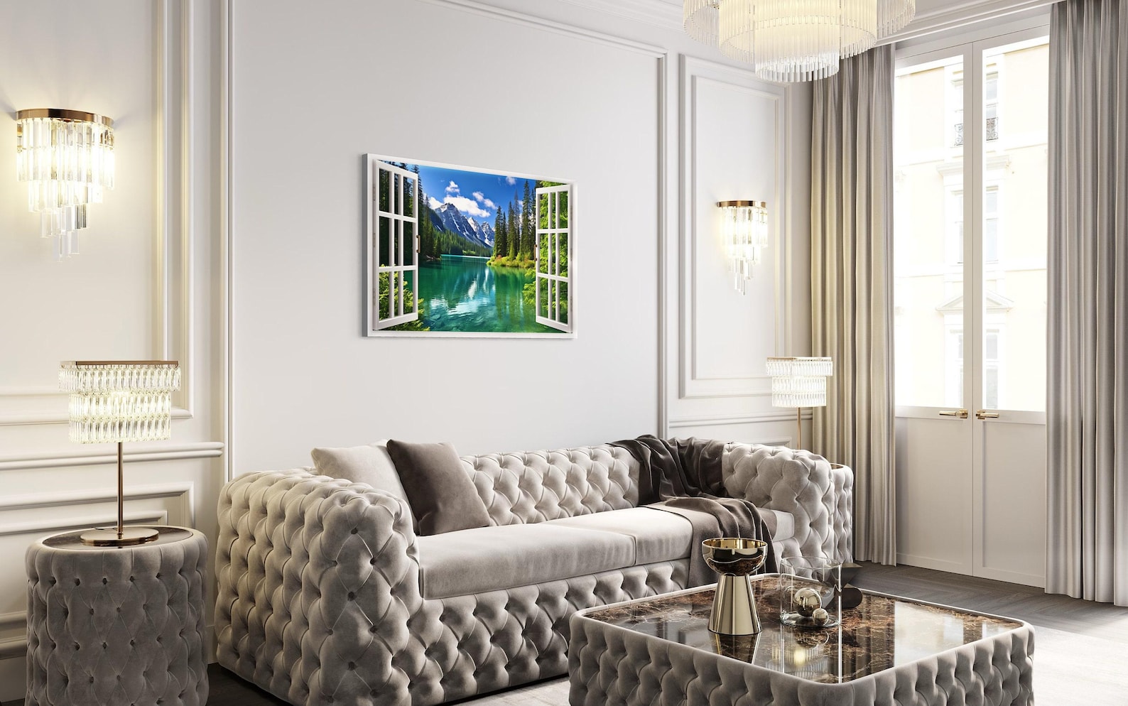 Window View Canvas - Lake and Mountains View From Open Window Painting ...