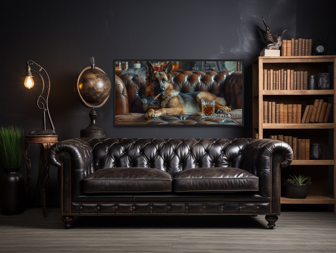 German Shepherd on Couch Smoking Cigar Drinking Whiskey Wall Art, Funny ...