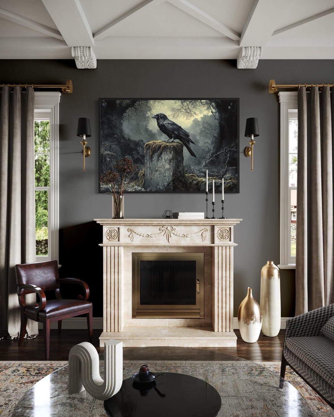 Gothic Wall Art Black Raven on Tomb Stone at Cemetery Painting Canvas ...