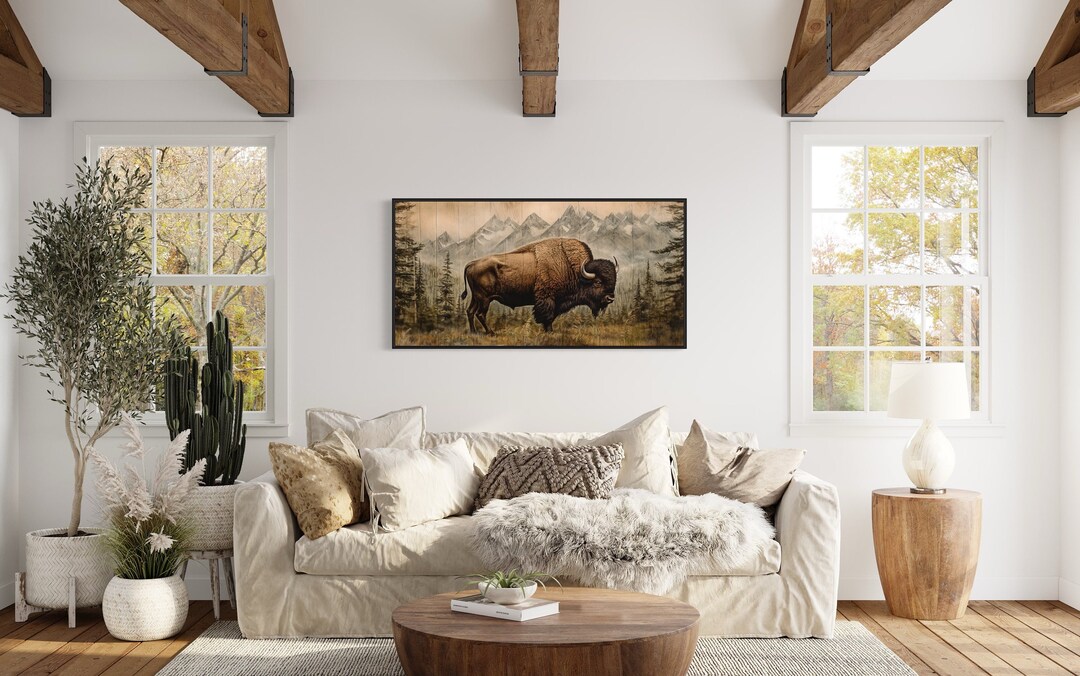American Bison Painting Wood Panel Effect Printed on Canvas, Western ...