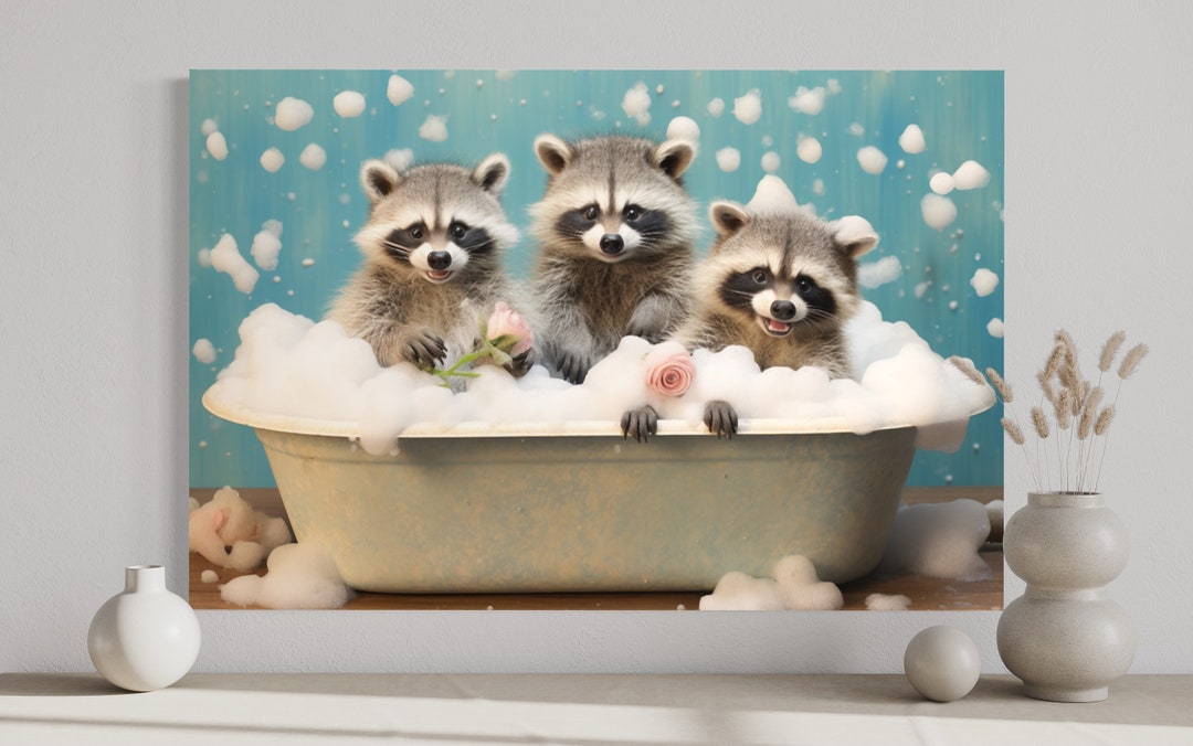 Bathroom Wall Art - Three Raccoons in a Bathtub Watercolor Painting ...