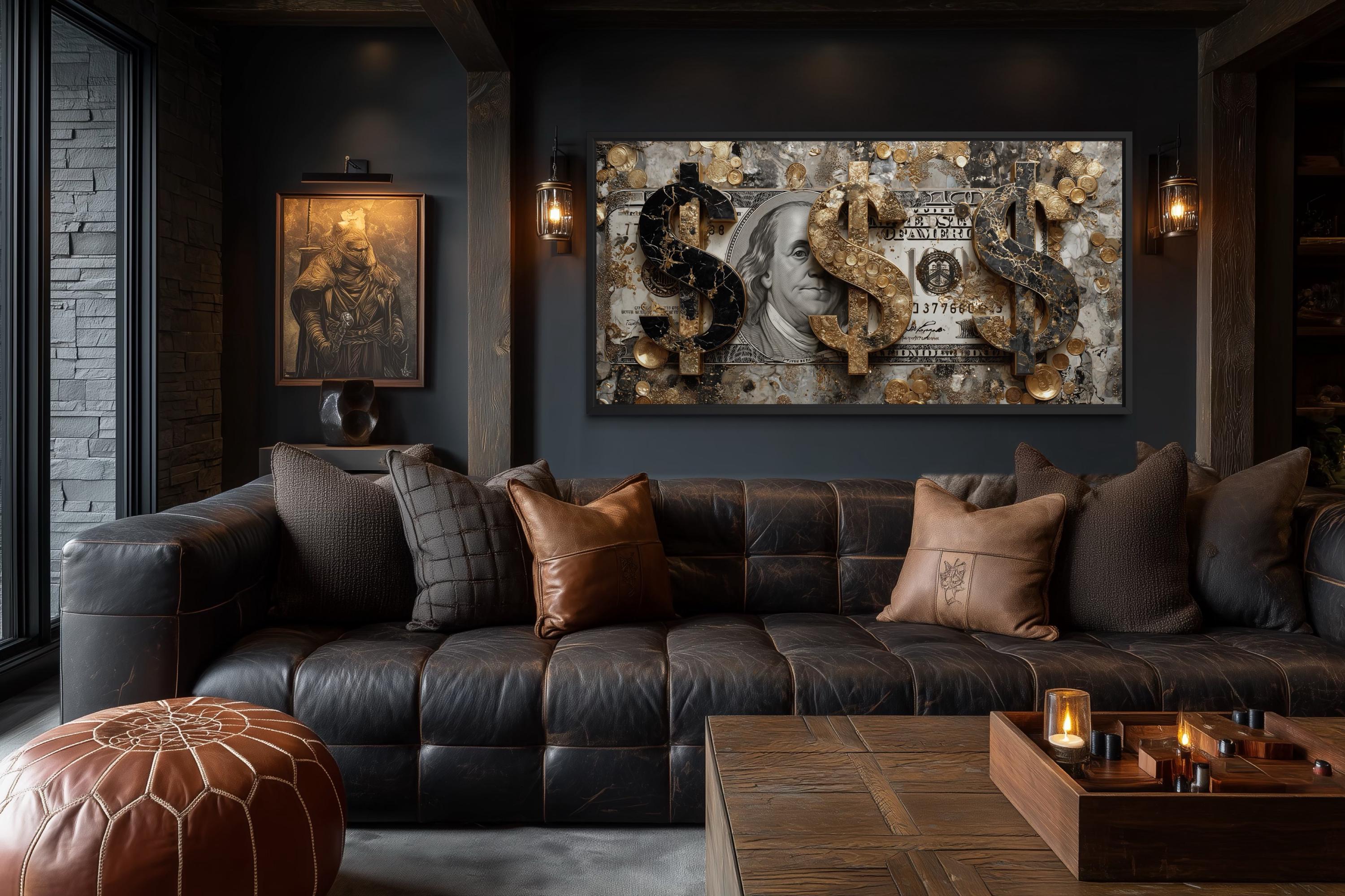 Money Wall Art – Luxury Dollar Sign Canvas With Gold Coins and Benjamin ...