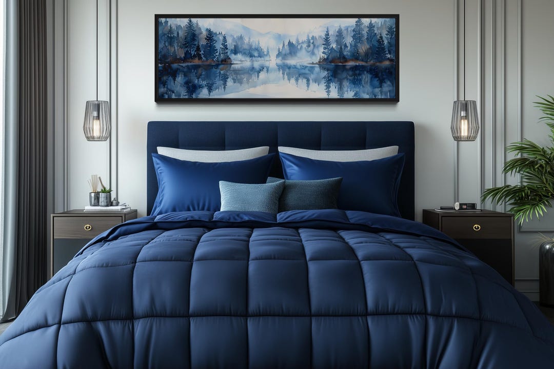 Long Horizontal Navy Blue Lake Landscape Watercolor Panoramic Painting ...